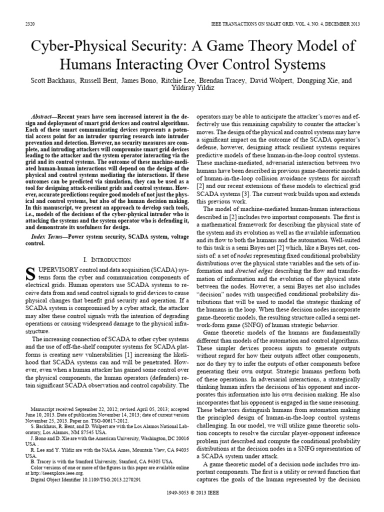 Cyber-Physical Security - A Game Theory Model of Humans Interacting ...
