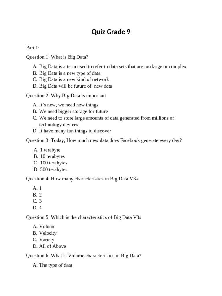 Big Data Quiz for Grade 9 Students | PDF | Big Data | Data