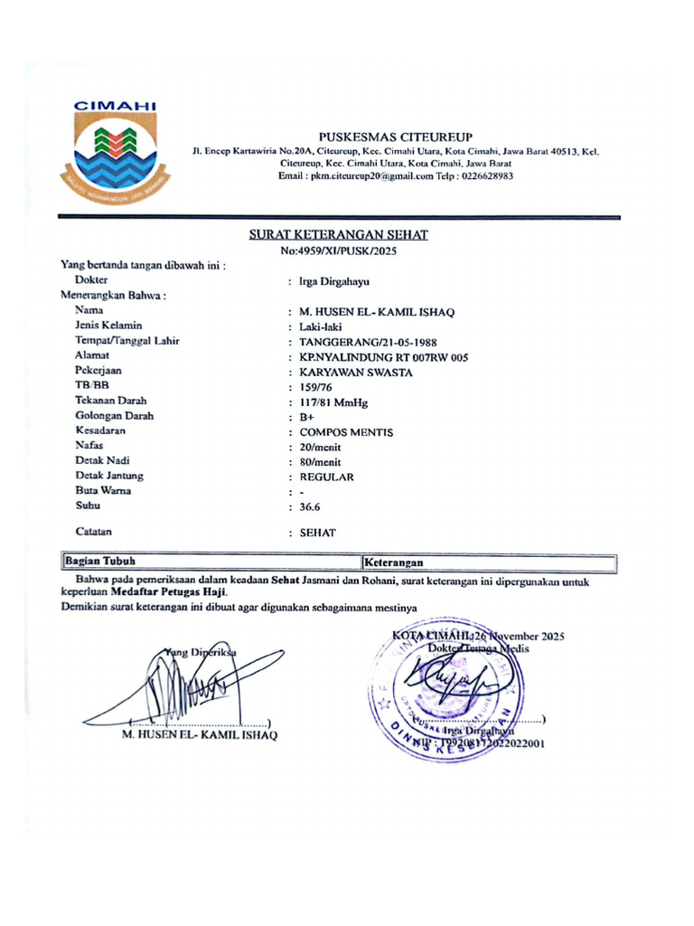 Surat Keterangan Sehat M Husen El Kamil Ishaq | PDF