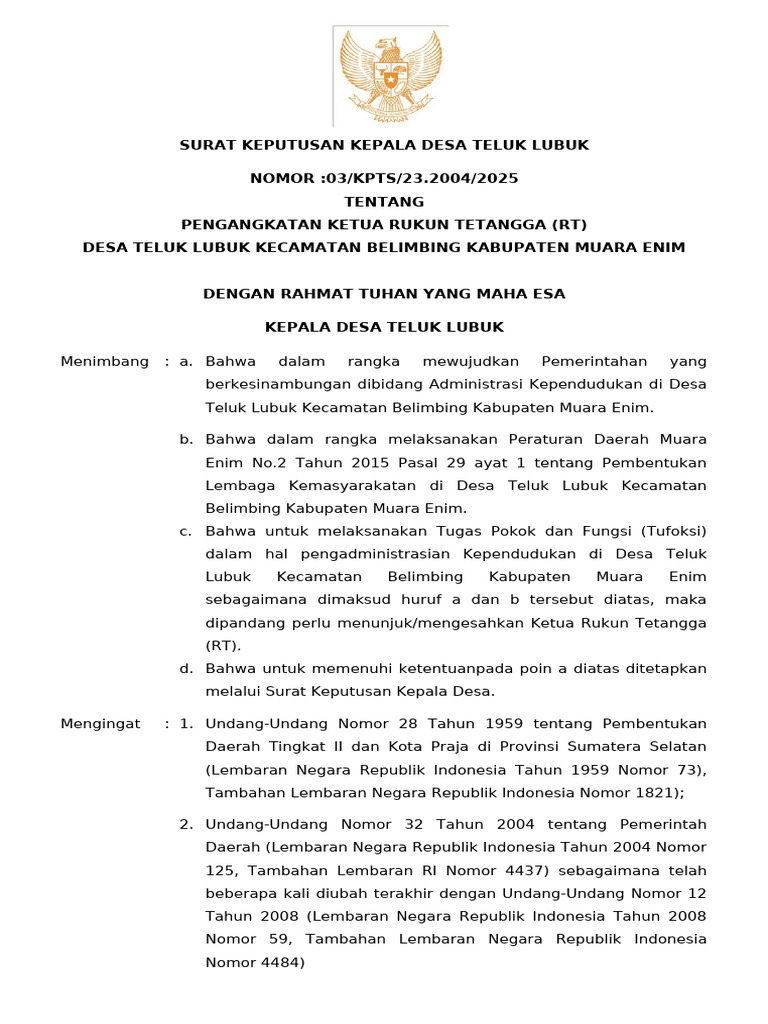 Pengangkatan Ketua RT Desa Teluk Lubuk | PDF