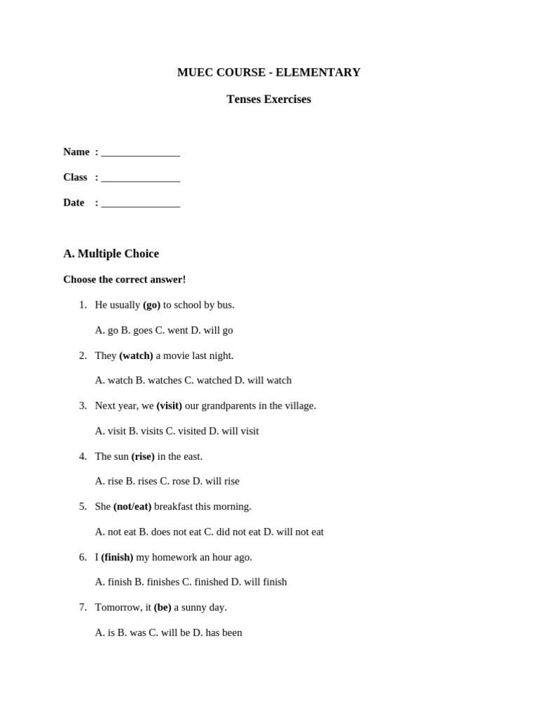 Elementary Tenses Exercises Worksheet | PDF