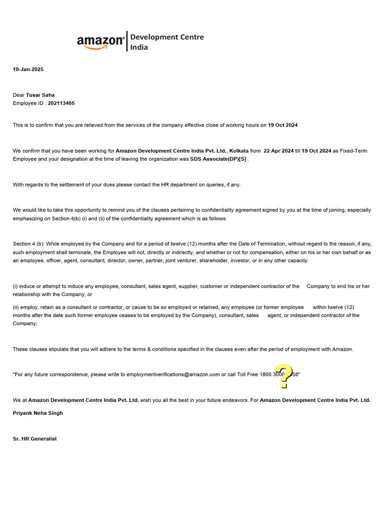 Amazon Termination Confirmation Letter | PDF | Employment | Civil Law ...