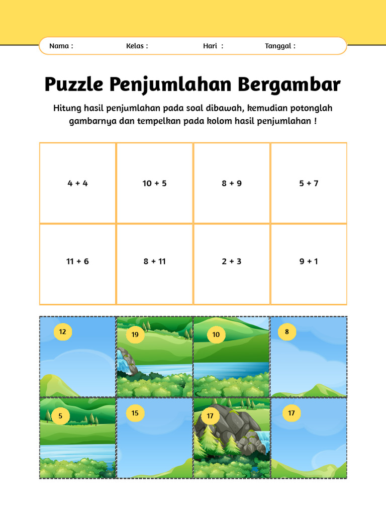 Lembar Kerja Kuning Dan Putih Tema Puzzle Penjumlahan Bergambar Gaya Ilustratif | PDF