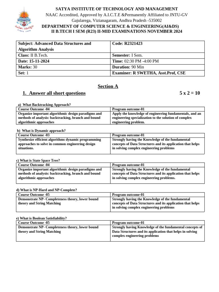 Adsa 2-1 Mid2 QP 2024 | PDF | Dynamic Programming | Combinatorics