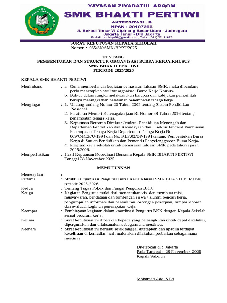 SK Struktur Organisasi BKK Smks Bhakti Pertiwi | PDF