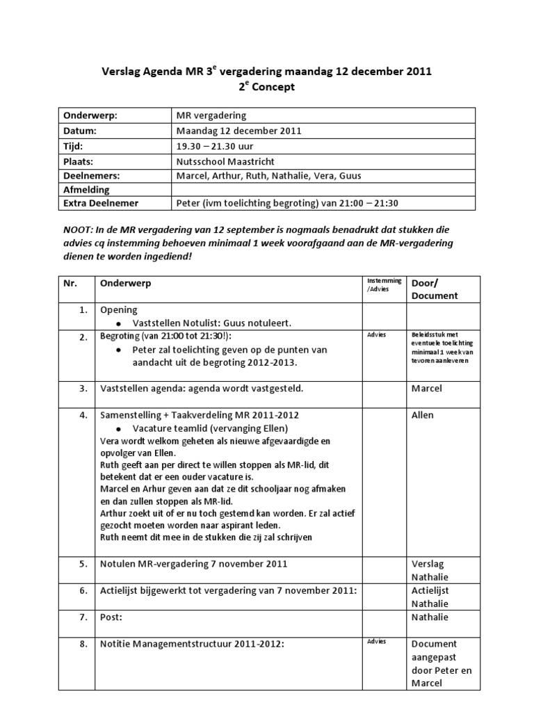 2 Verslag MR Vergadering Maandag 12 December 2011 + Jaarplanning ...