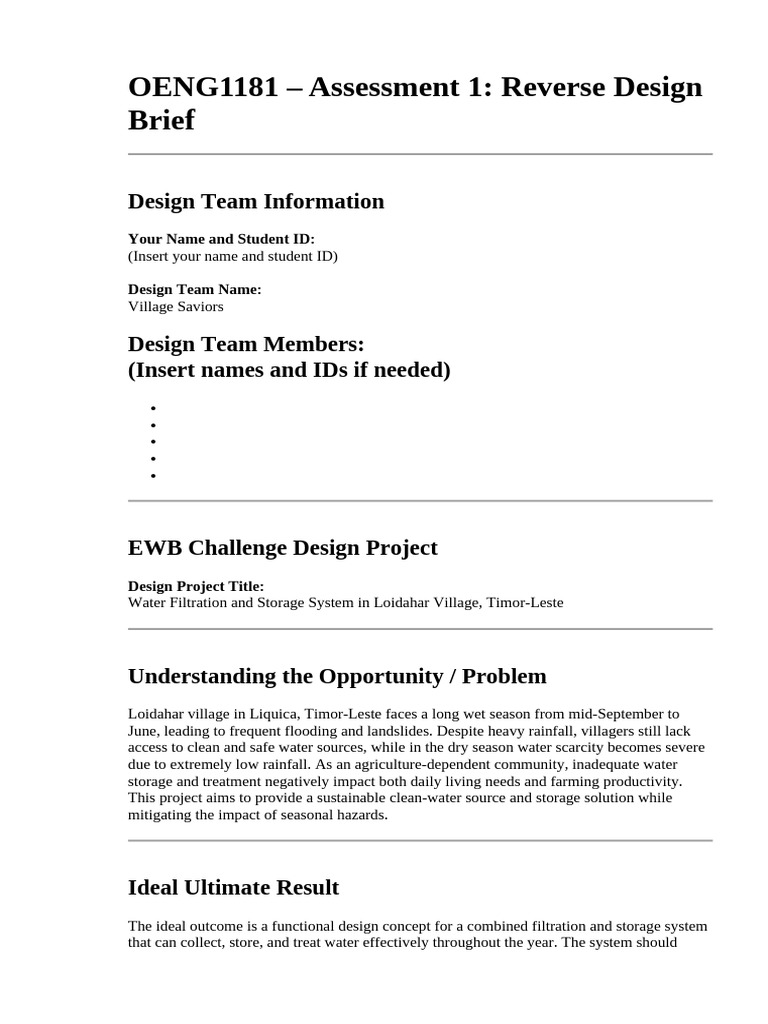 OENG1181 - Assessment 1: Reverse Design Brief | PDF | Risk | Water