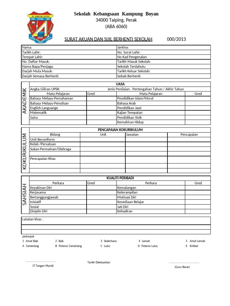 Sijil Berhenti Sekolah Xls Edit | PDF