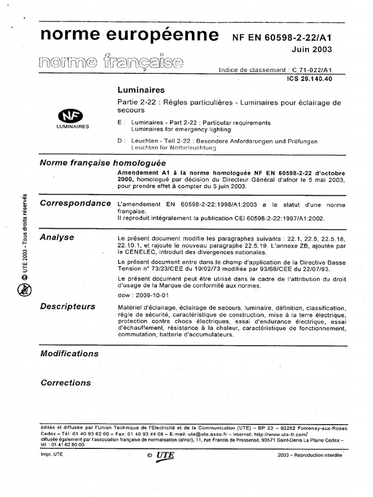 NF EN 60598-2-22 - A1 - Juin 2003 | PDF