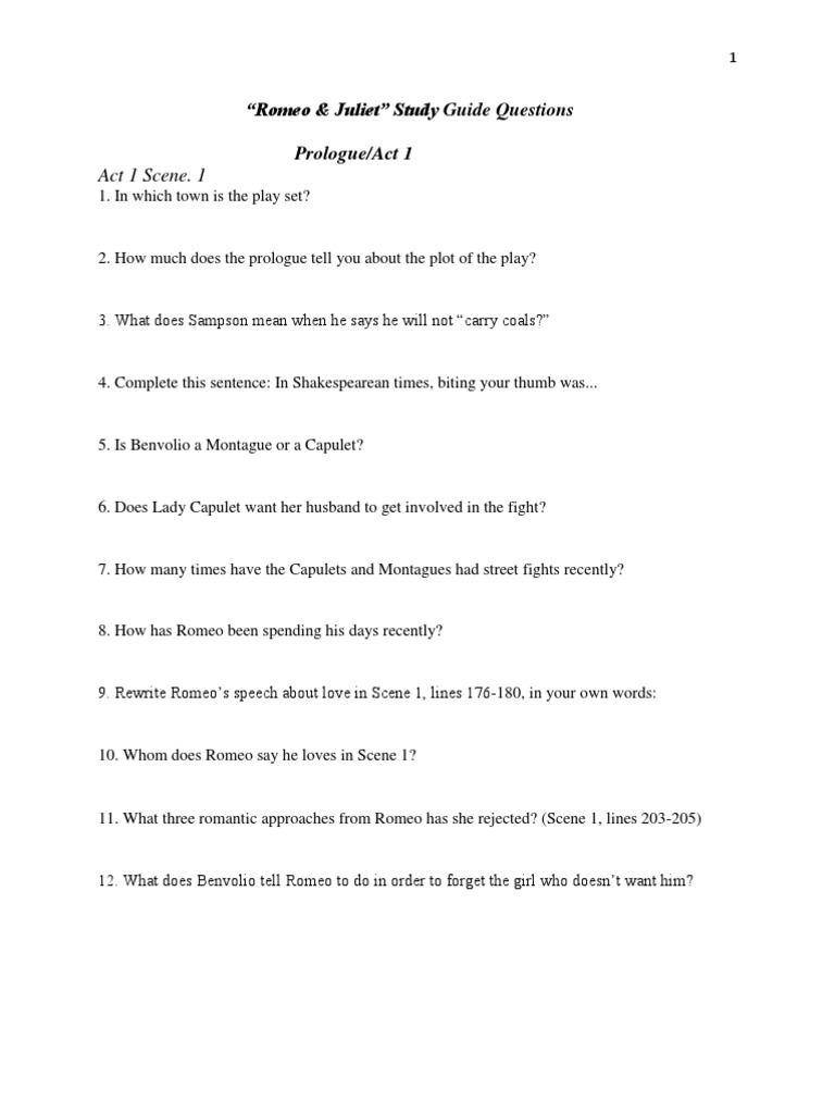 RJ Study Guide Questions | PDF | Characters In Romeo And Juliet ...