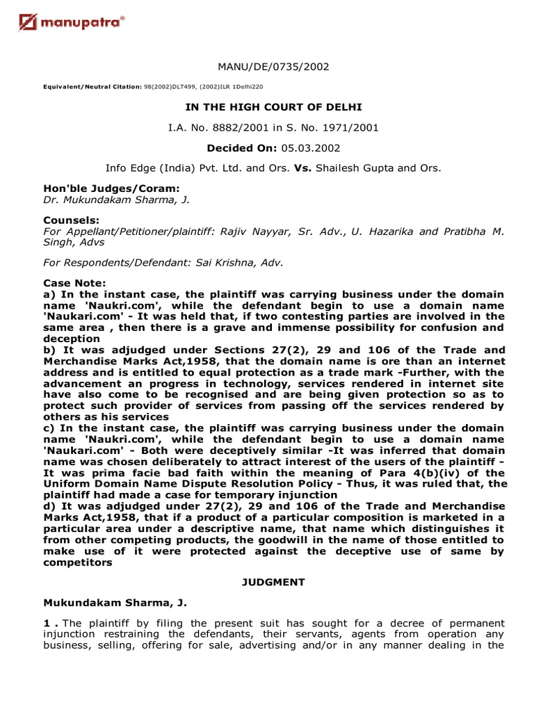 Info Edge India PVT LTD and Ors Vs Shailesh Gupta d020736COM303757 ...