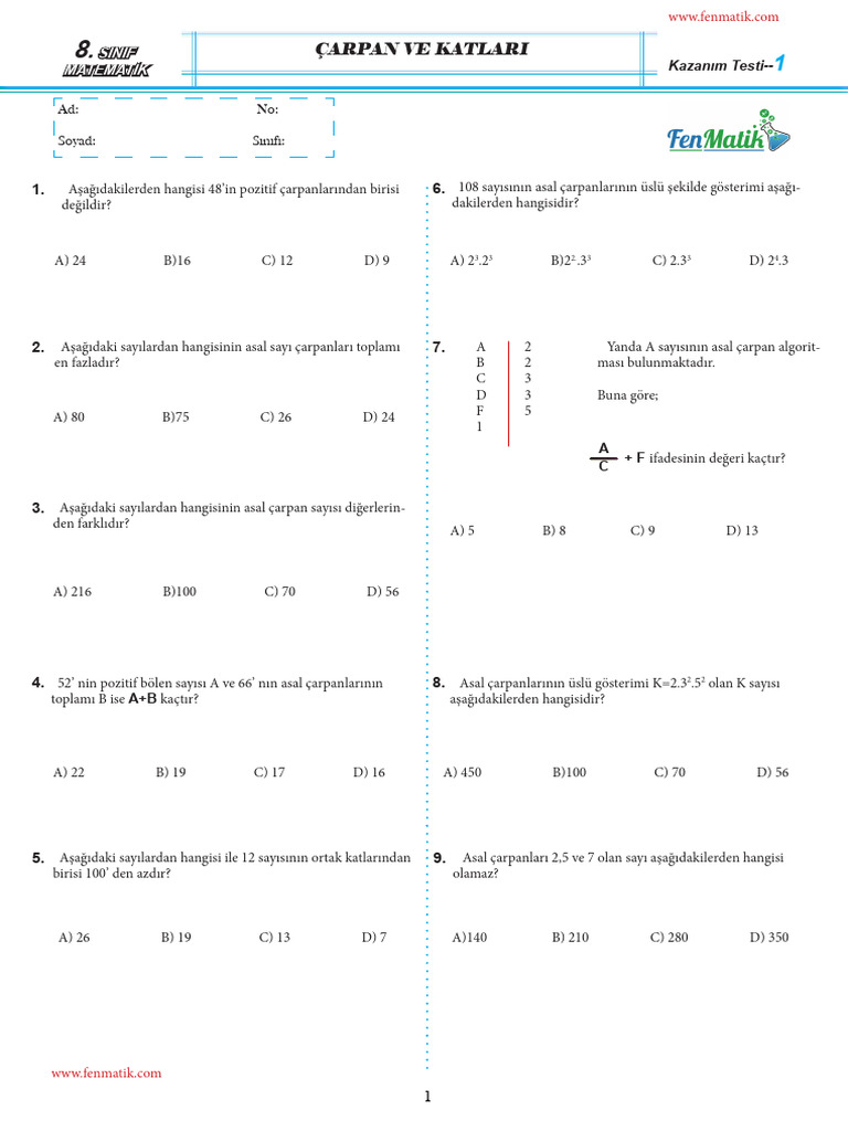 8 Sinif Carpan Ve Katlari Kazanim Testi 1 1 | PDF