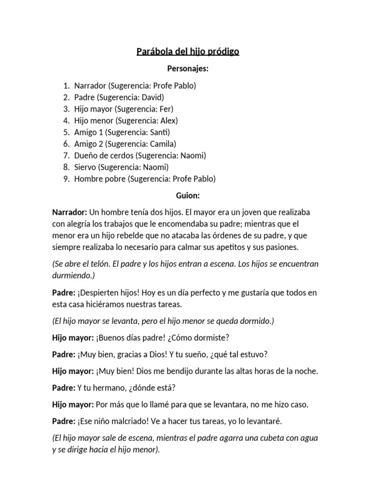 Parábola del hijo pródigo: Guion y personajes | PDF