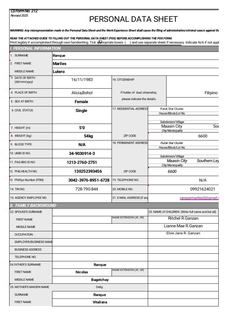 Personal Data Sheet Template | PDF | Government | Justice