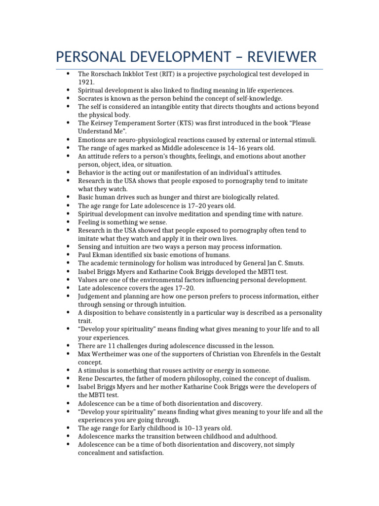 Personal Development Reviewer | PDF | Psychology | Cognition