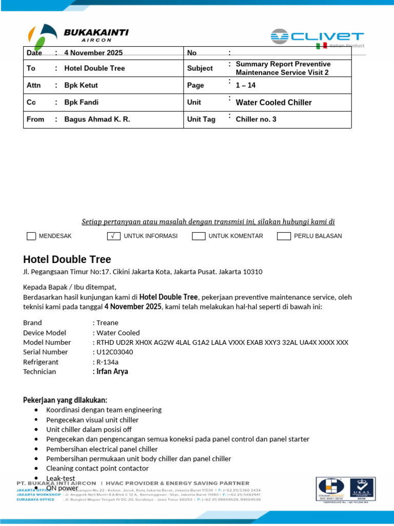 Summary Report Preventive Maintenance Hotel Double Tree CH 3 Visit 2 | PDF