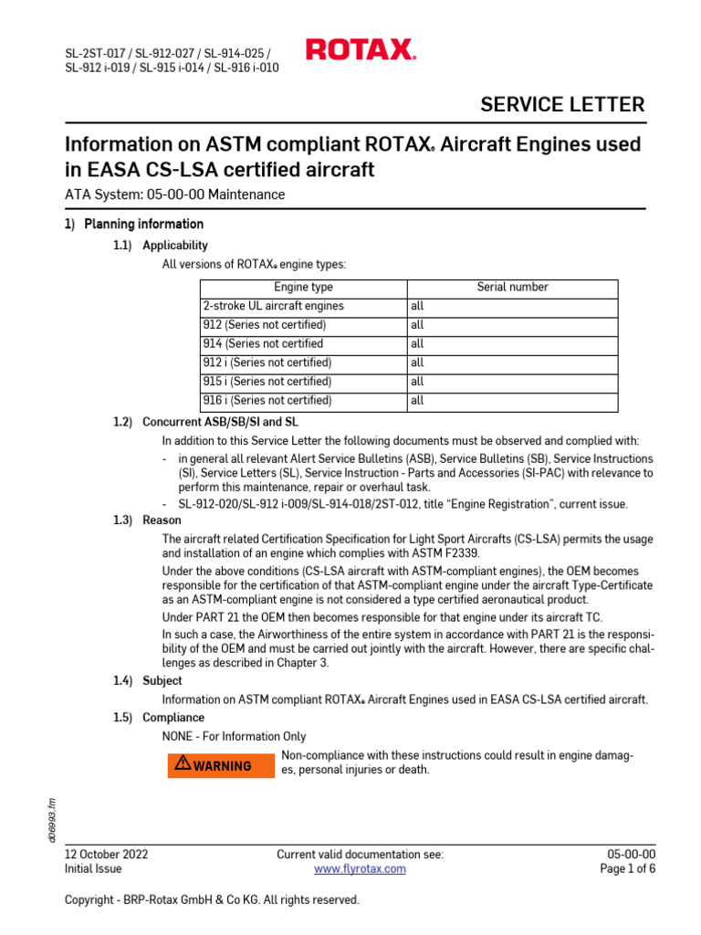 Service Letter Information On ASTM Compliant ROTAX Aircraft Engines ...