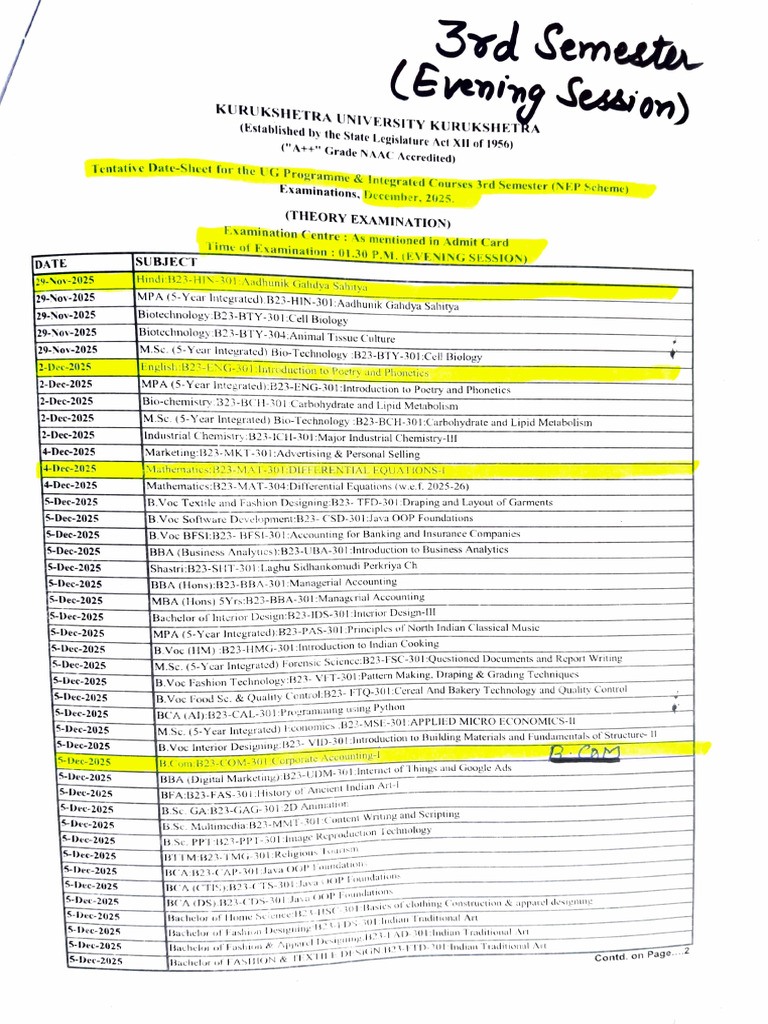 Date-Sheet 3rd Semester | PDF
