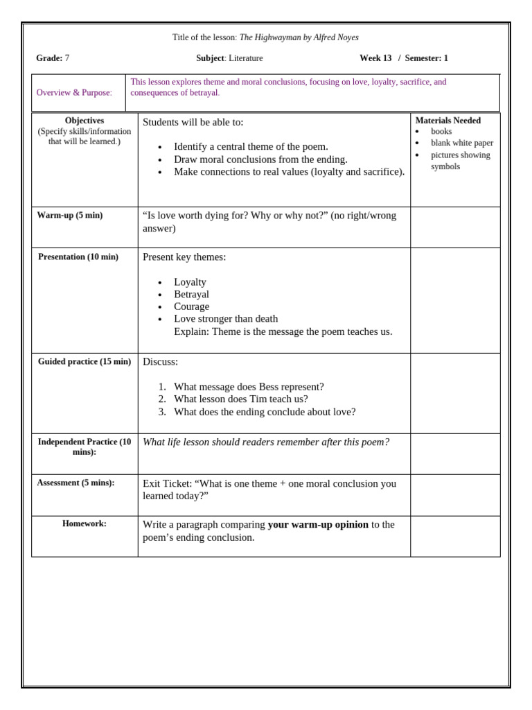 Week 13 Day 5 Literature The Highwayman | PDF