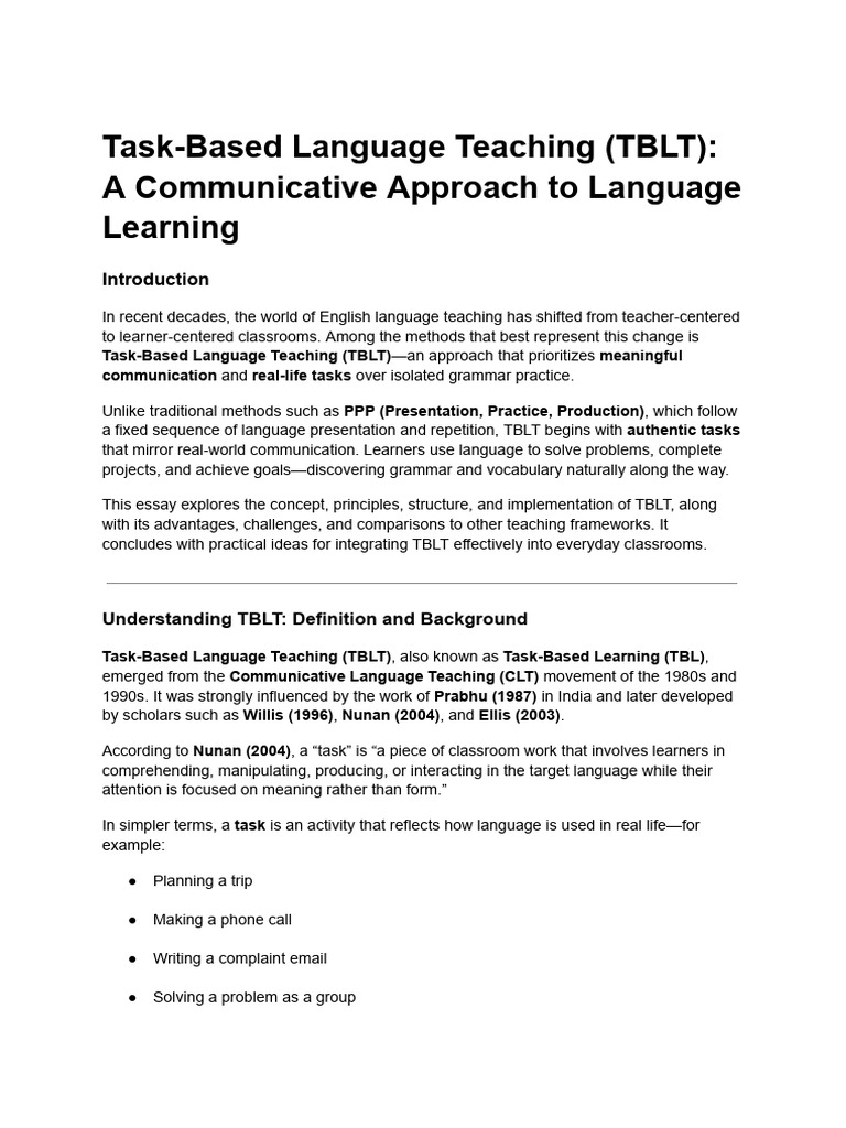 Task-Based Language Teaching (TBLT) - A Communicative Approach To ...