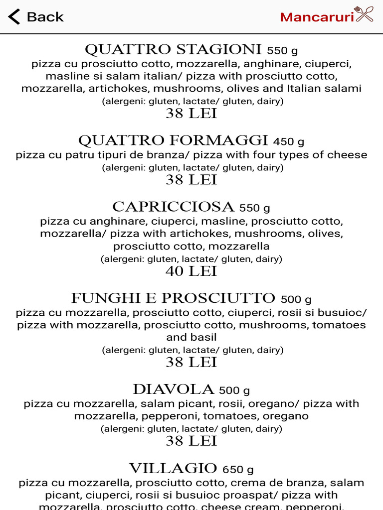 Meniu Il Villagio | PDF