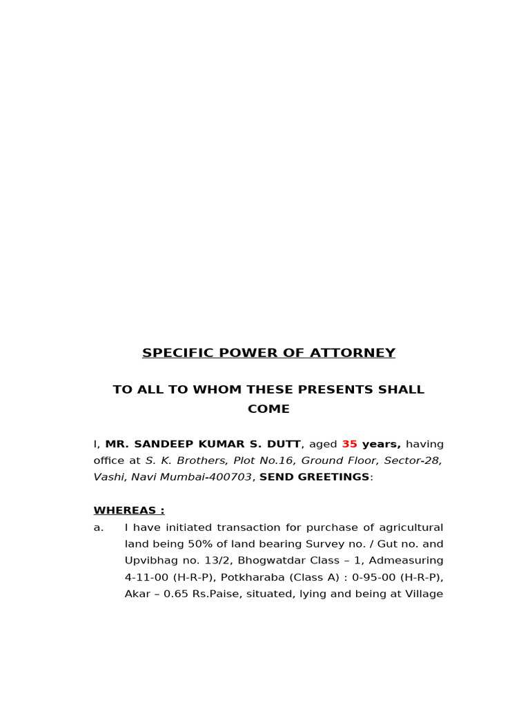 Specific Power of Attorney for Land Purchase | PDF | Deed | Common Law