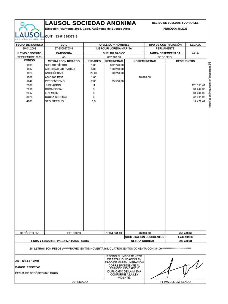 Recibo de Sueldo Octubre 2025 | PDF
