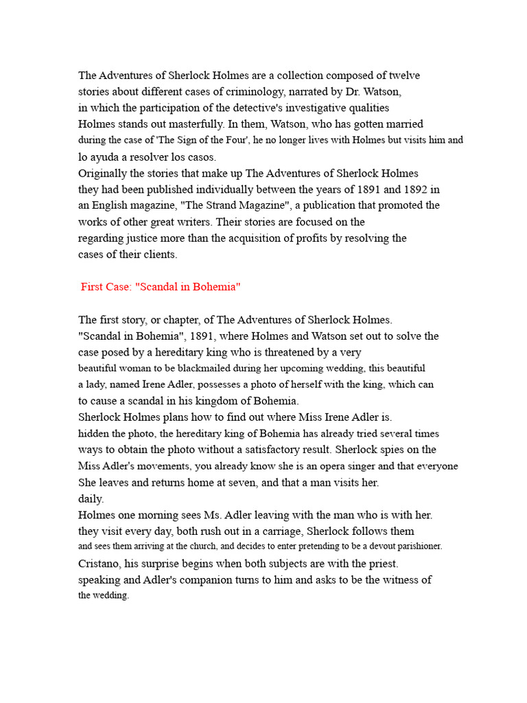 Sherlock Holmes Case Summaries | PDF | Irene Adler | Crime Fiction
