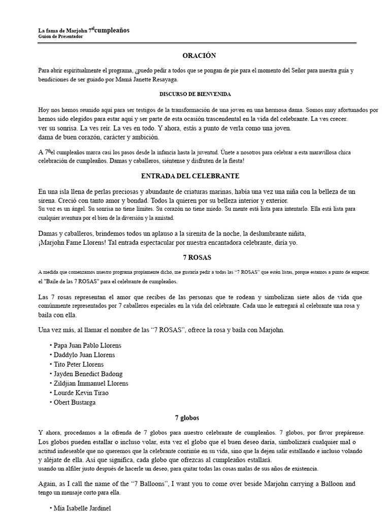 Guion del Presentador para el Séptimo Cumpleaños de Bibi | PDF | Cumpleaños | Tradiciones
