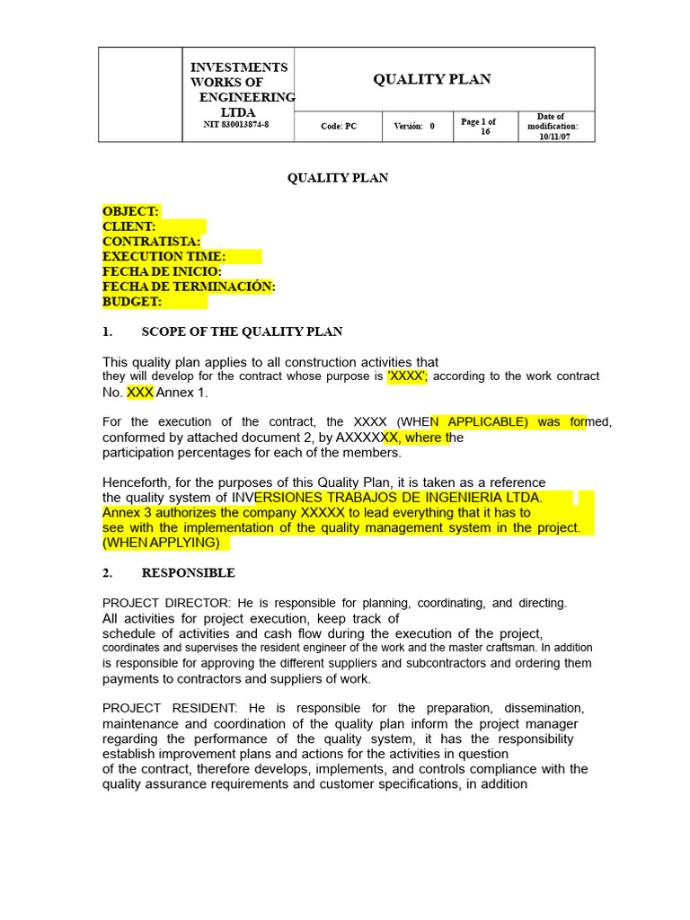 Quality Plan Format For Work | PDF | Business