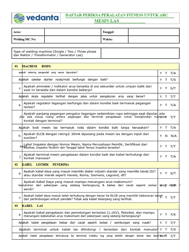 Daftar Periksa Keselamatan Mesin Las | PDF