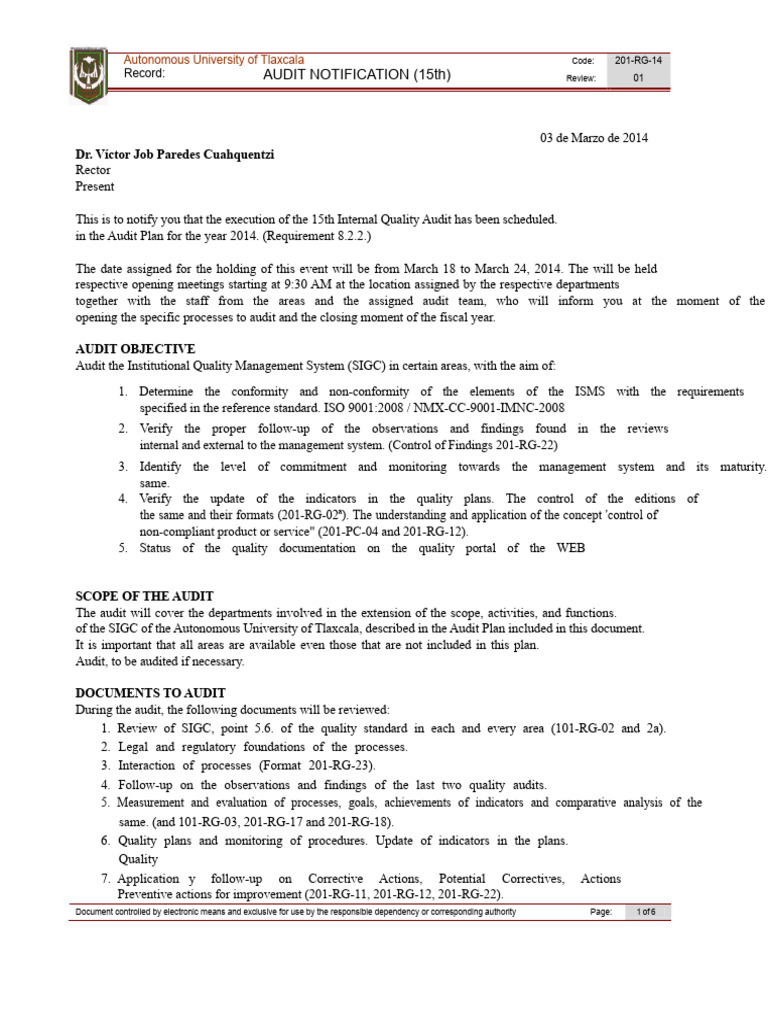 Tlaxcala University Quality Audit Notice | PDF | Audit | Business