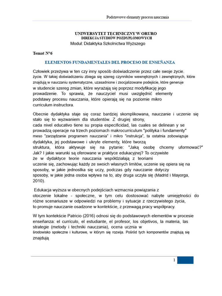 Temat 6 Podstawowe Elementy Ostatecznego Procesu Nauczania | PDF