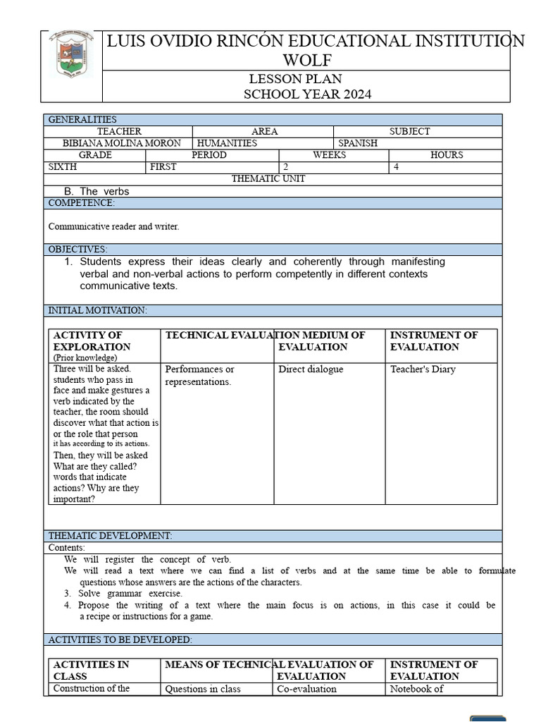 02 Lesson Plan Sixth - The Verb | PDF | Verb | Nonverbal Communication