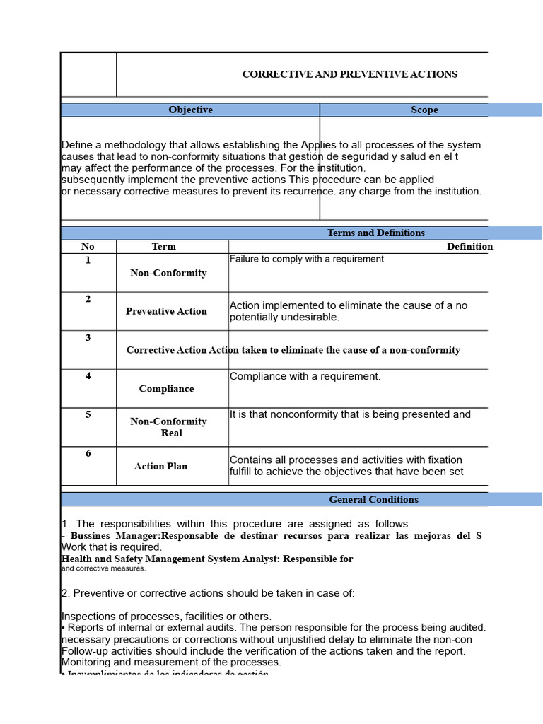 Corrective And Preventive Actions Format Pdf Business