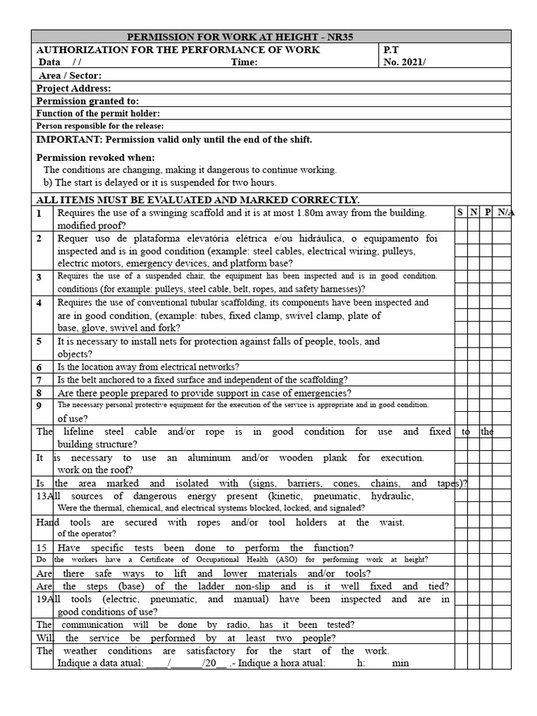 Work at Height Permission NR35 Guide | PDF | Scaffolding | Manufactured ...