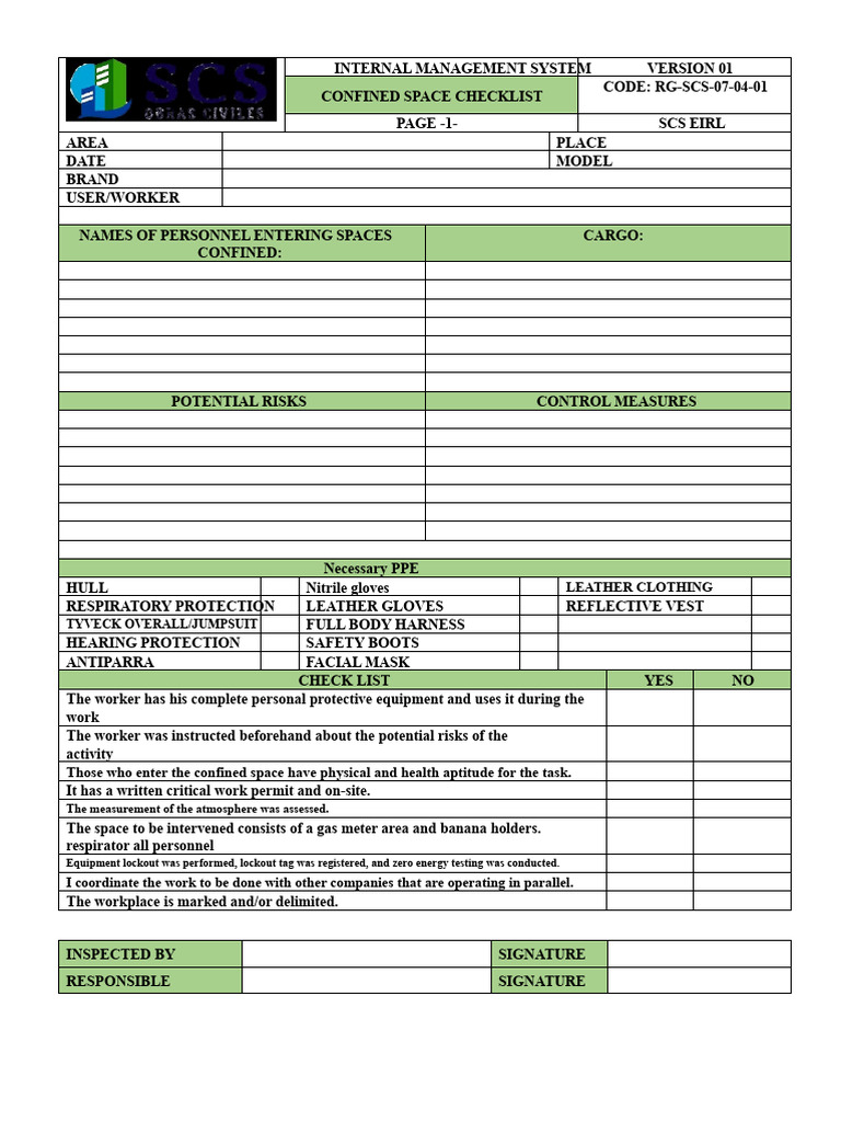 Confined Spaces Checklist | PDF