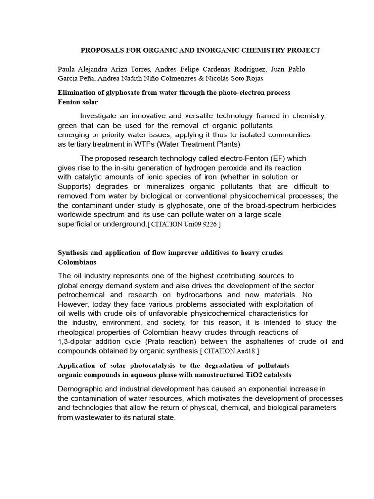 Proposals For Organic and Inorganic Chemistry Project | PDF | Catalysis ...