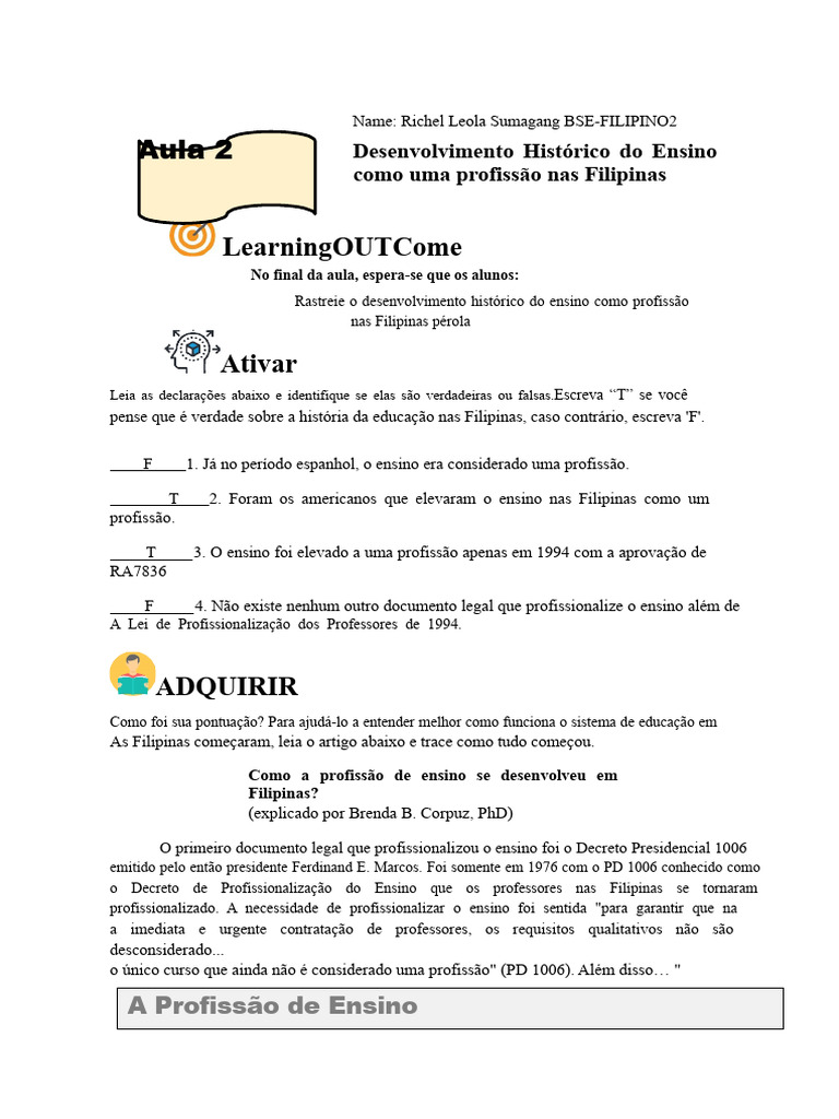 Aula 2 (Richel Leola Sumagang) PROFED.docx | PDF | Filipinas | Escolas