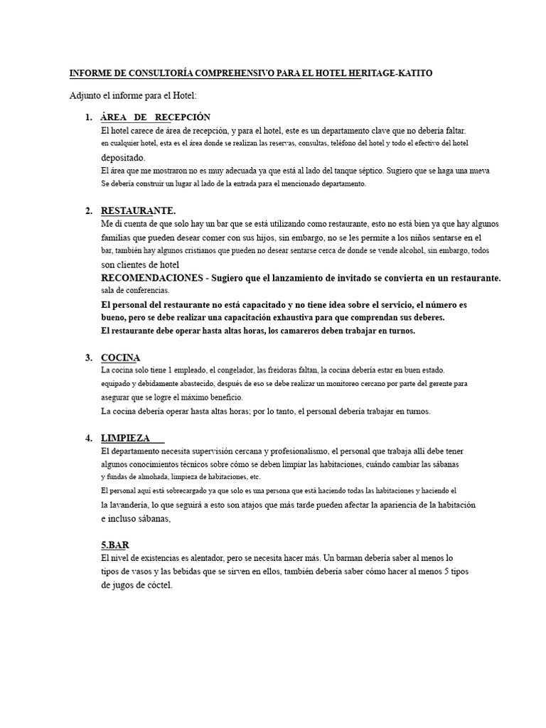 Informe de Consultoría para Hotel Heritage-Katito | PDF | Hotel ...