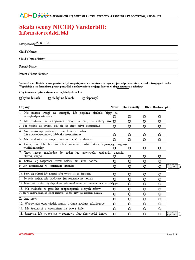 NICHQ Vanderbilt Assessment Scale Informant Rodzic | PDF