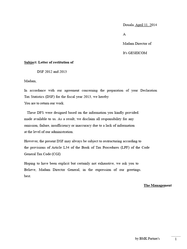 Letter of Restitution 2013 | PDF | Taxes | Expense