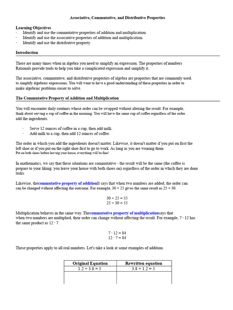Algebra Properties: Commutative, Associative, Distributive | PDF ...