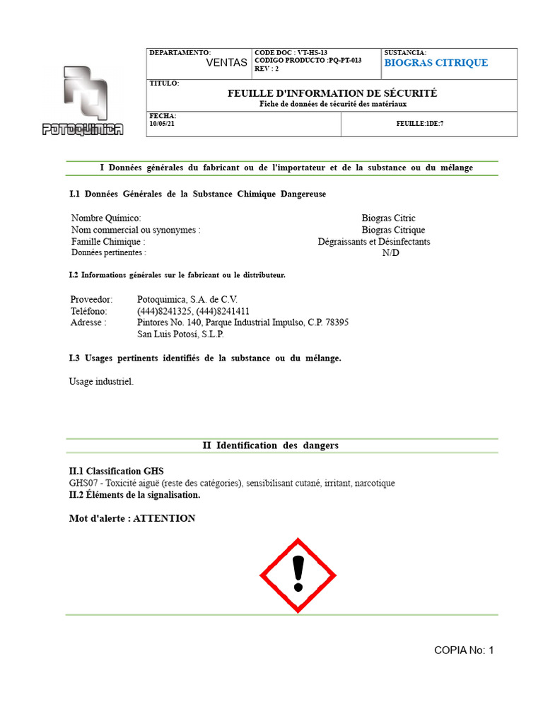 FDS Biogras Citrique 2021 | PDF | Substances chimiques | Chimie