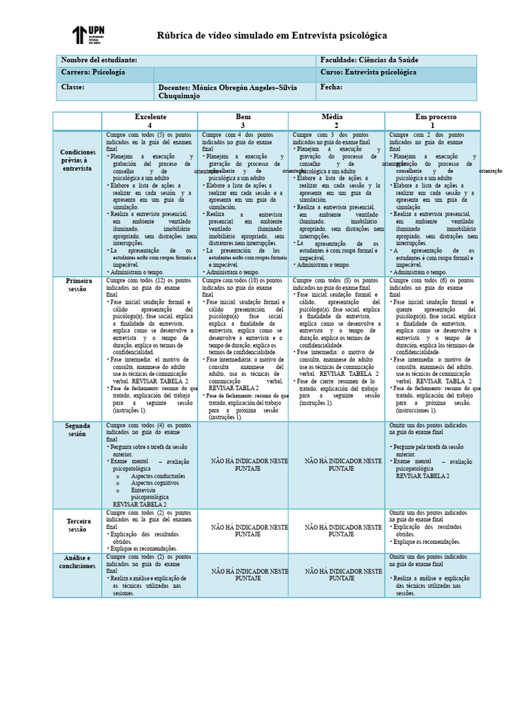 Rubrica Exame Final Entrevista Psicológica 2023 i | PDF | Psicologia ...