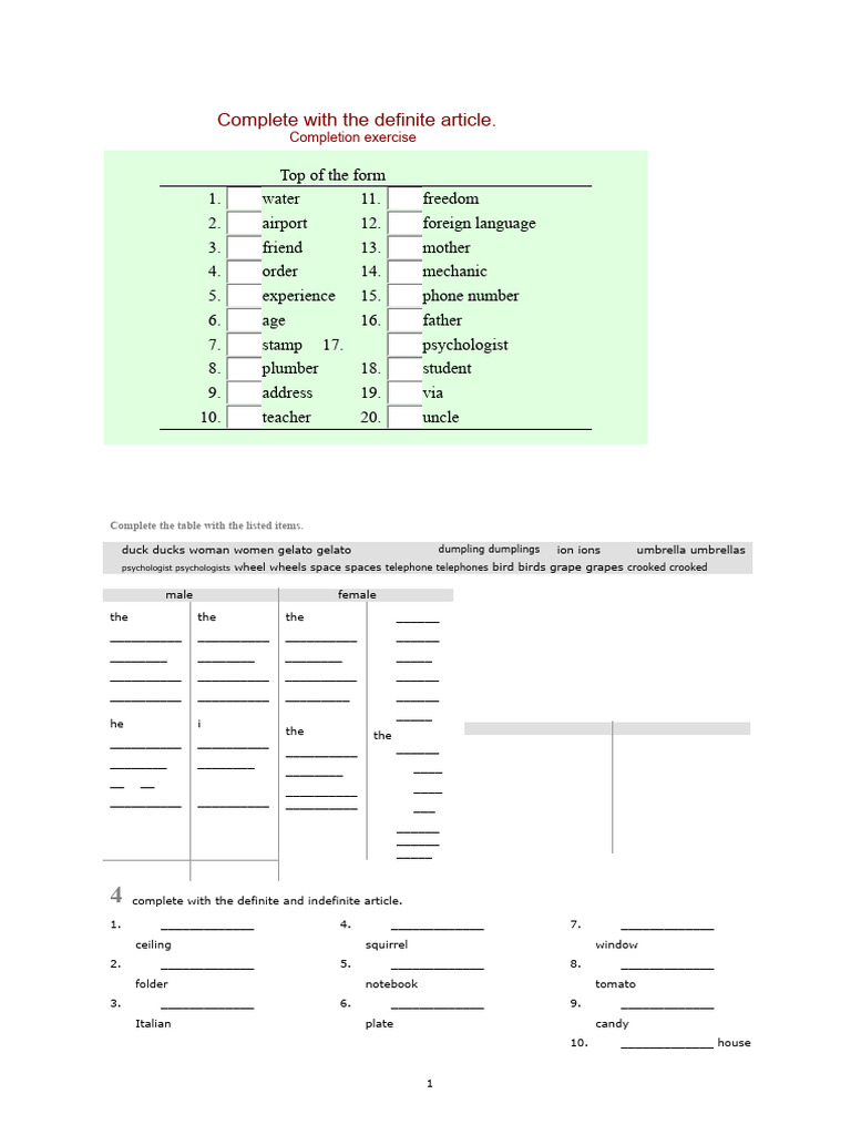 Complete With The Definite Article. | PDF | Linguistics | Linguistic ...