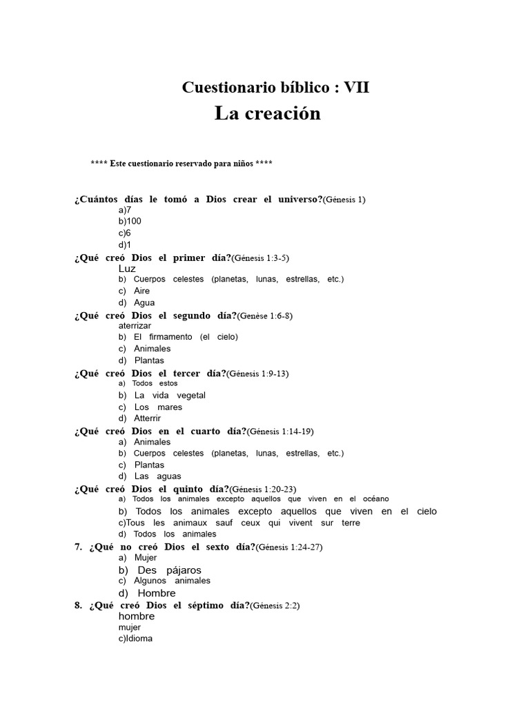 Cuestionario Bíblico sobre la Creación | PDF | Libro del Génesis ...