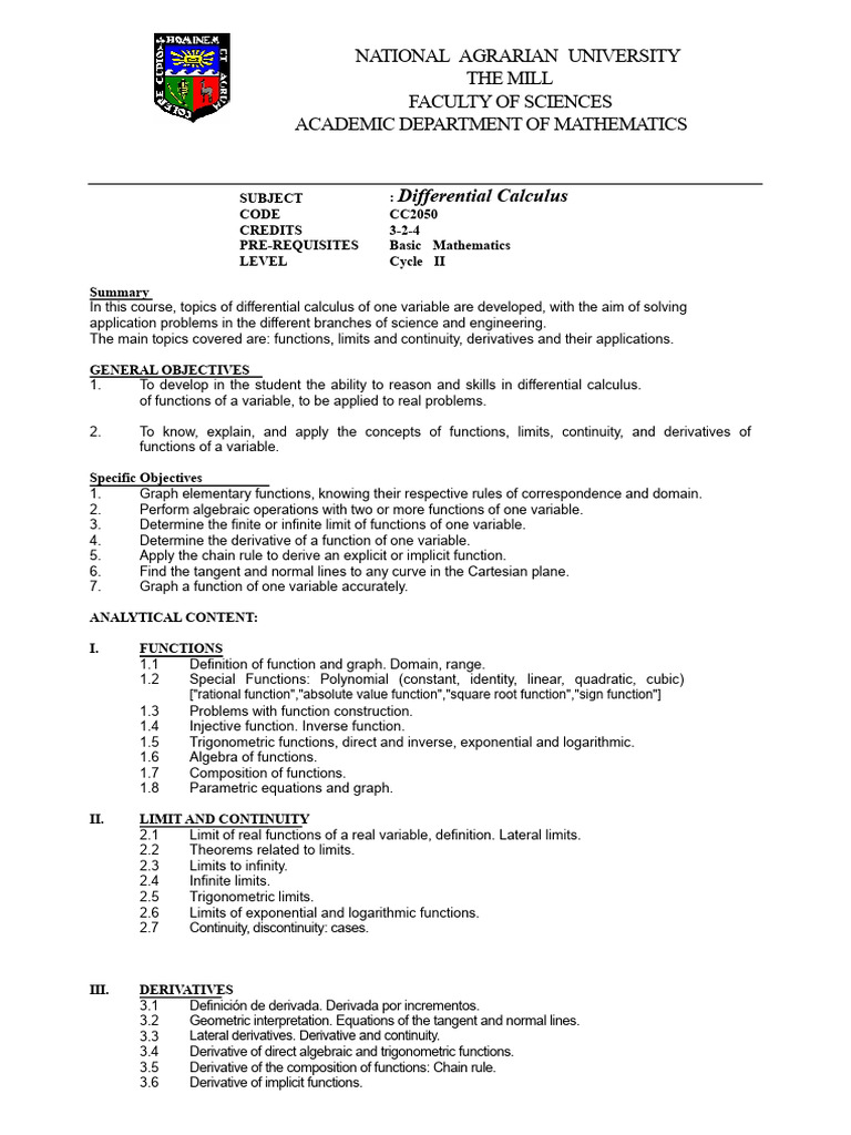 Differential Calculus Syllabus PDF | PDF | Function (Mathematics ...
