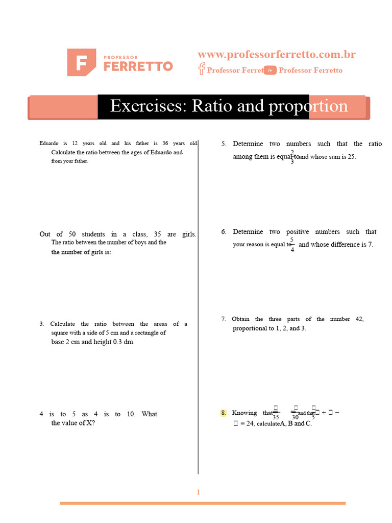 Ratio and Proportion Exercises | PDF | Odds | Ratio