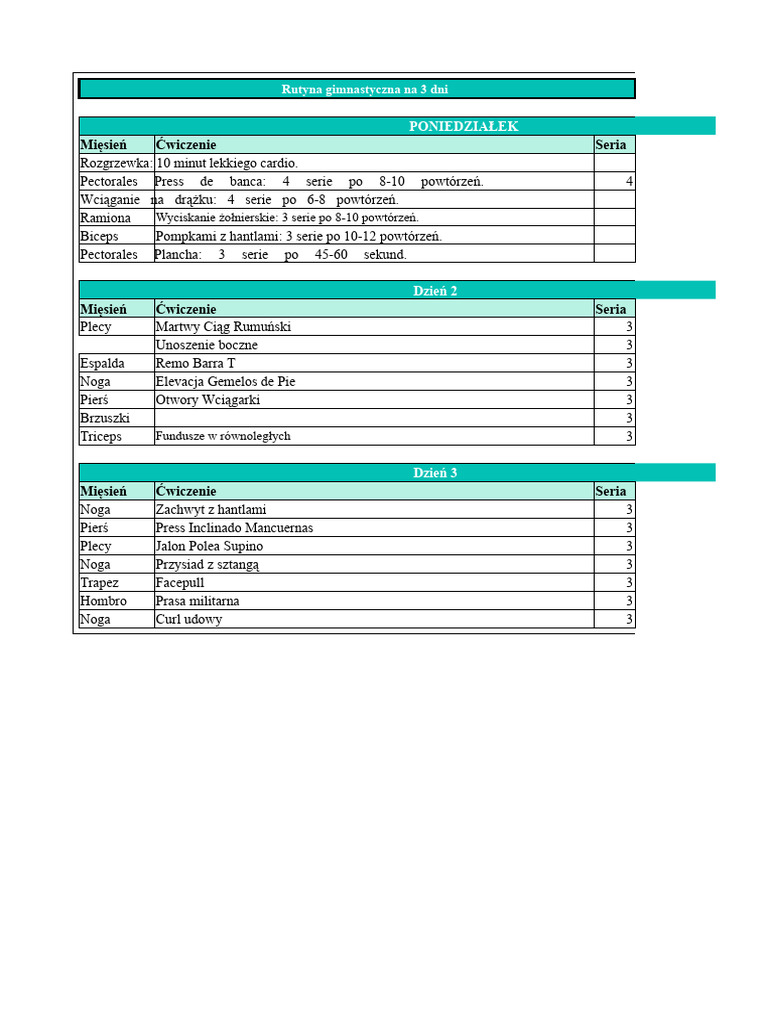 Szablon Excel Rutyna Siłownia 3 Dni | PDF